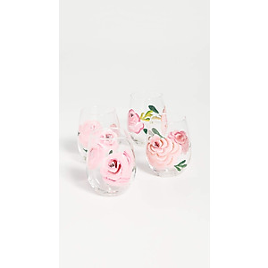 Two's Company In Full Bloom Roses Stemless Wine Glass, Set of 4, Hand-Painted