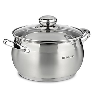 Daniks Classic Stainless Steel Stock Pot with Glass Lid | Induction 4 Quart | Dishwasher Safe Pot | Measuring Scale | Soup Pasta Stew Pot | Silver