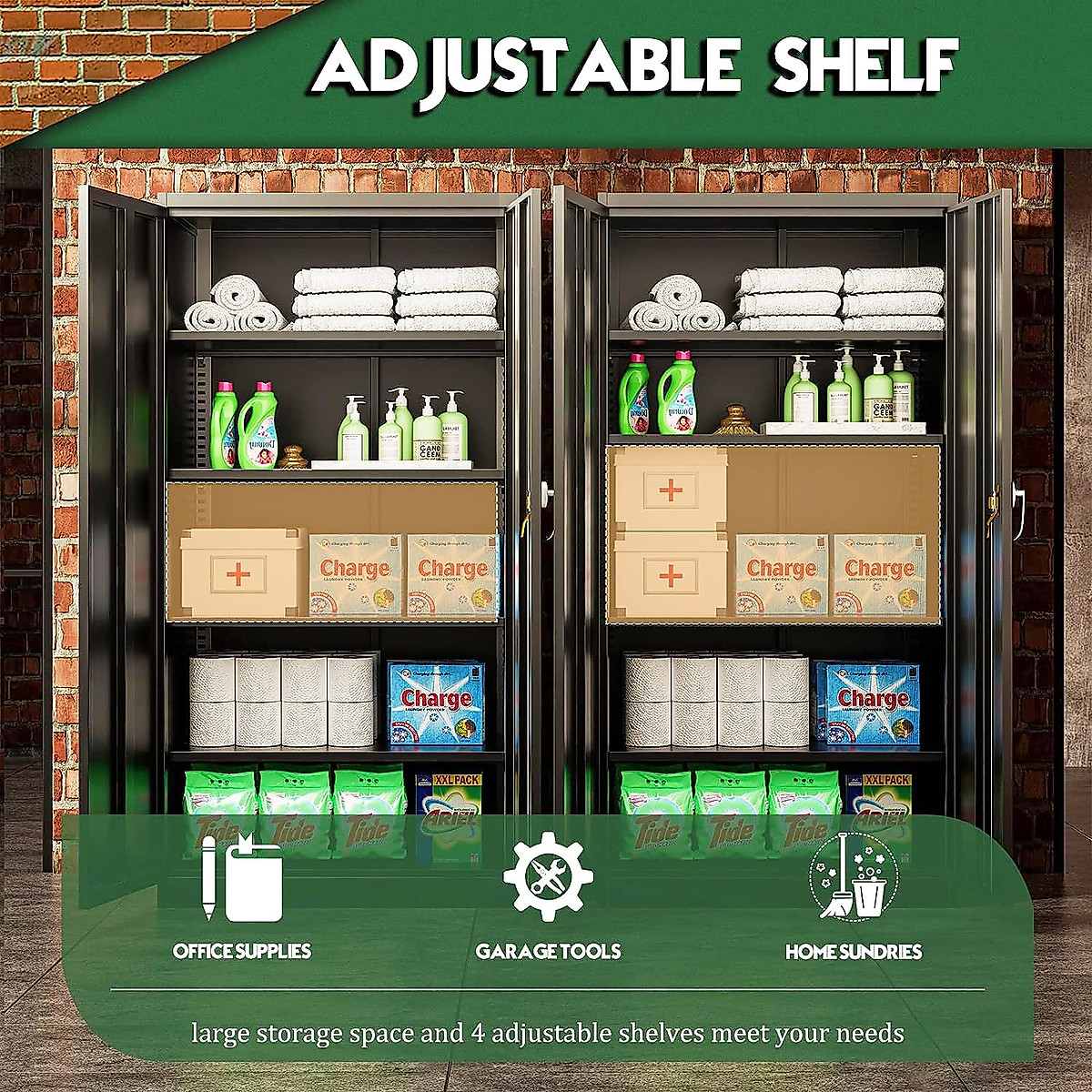 Greenvelly Metal Cabinet, 72” Black Tool Steel Locking Cabinet with Doors and 4 Shelves, Tall Cabinets for Garage Storage Systems Lockable File Cabinet for Home Office, Classroom/Pantry