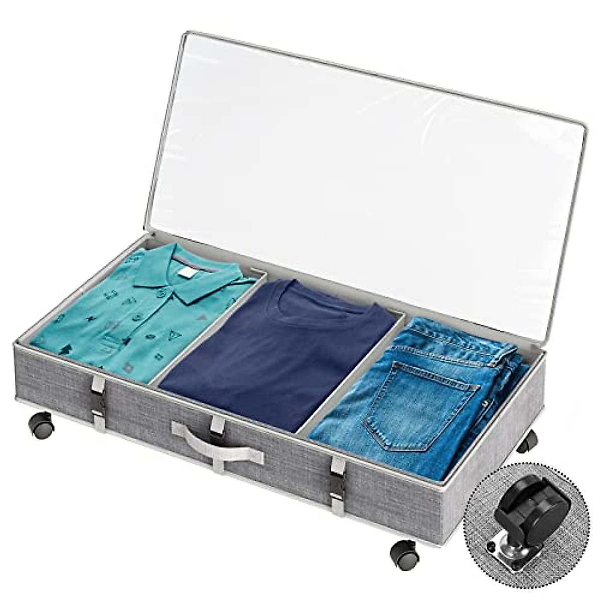 Fixwal Under Bed Storage with Wheels Under Bed Storage Containers for Clothes Blankets Shoes Bedding, Oxford Foldable Bedroom Storage Organizer with Handles, Grey