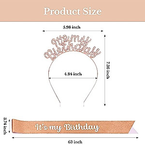 BAHABY Birthday Crowns for Women, It's My Birthday Sash & Birthday Headband Set Princess Birthday Sash and Rhinestone Tiara Birthday Gifts for Women Girls Sweet Happy Birthday Accessories for Party- Rose Gold