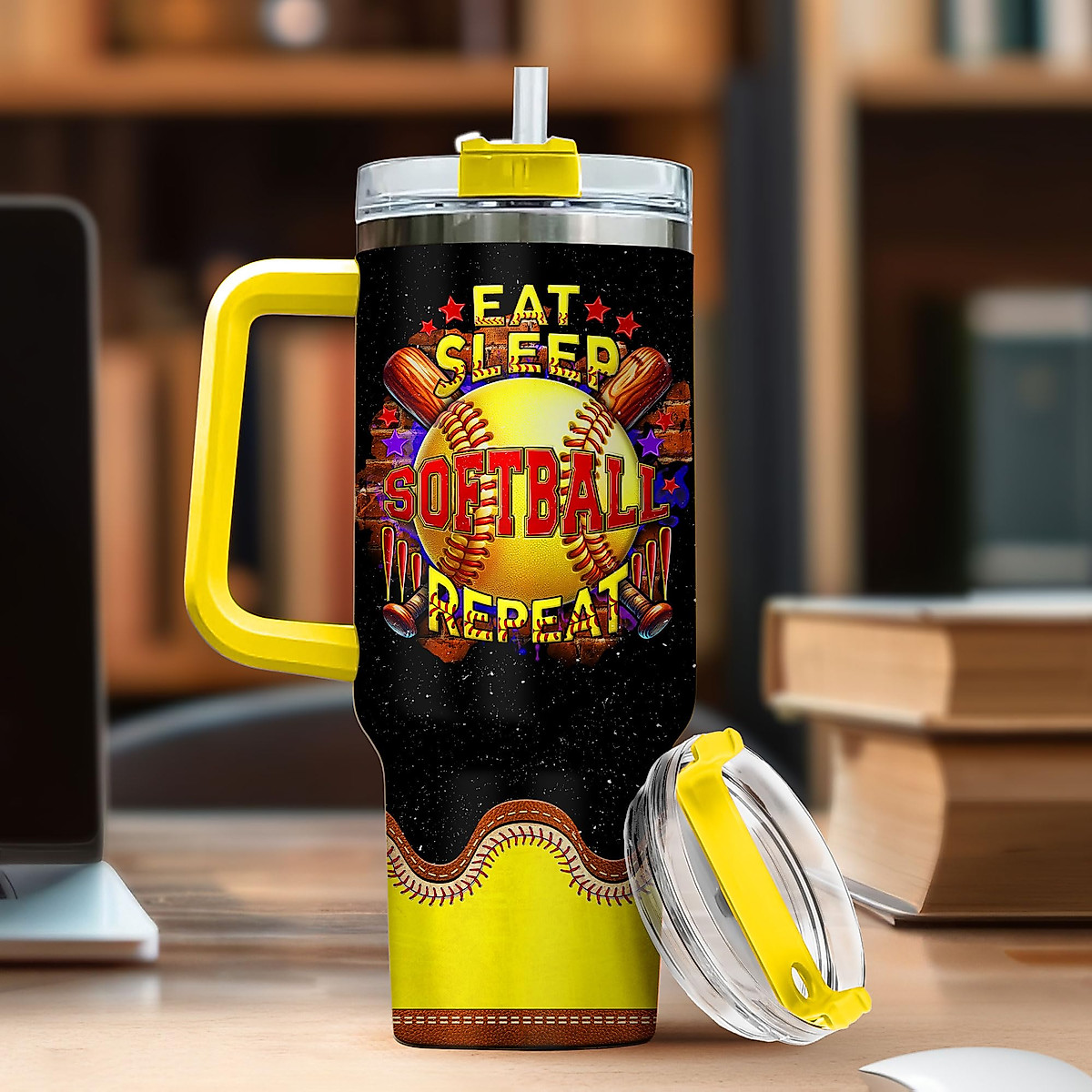 99OWL Softball Eat Sleep Repeat, Tumblers Yellow Modern Glitter Simple Red Handle Black Insulated Straws, Tumbler 40 Oz With Handle Lid And Straw, Softball Gifts