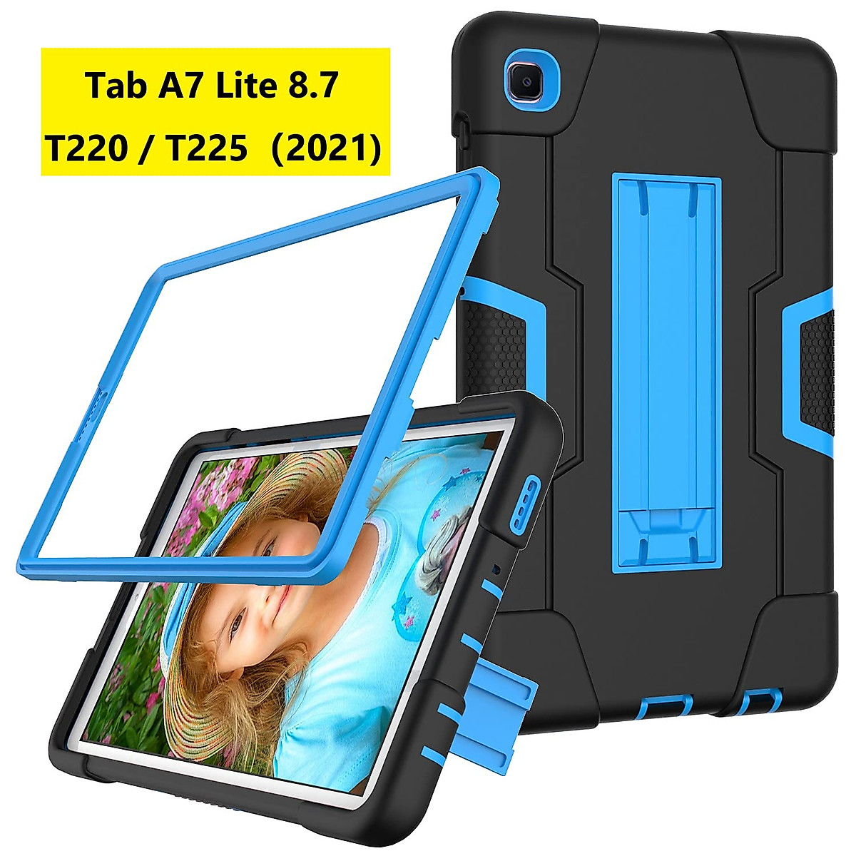 Bingcok Case for Galaxy Tab A7 Lite 8.7 Case, Heavy Duty Rugged Full-Body Hybrid Shockproof Drop Protection Cover Samsung 2021 Model SM-T220 / SM- T225 (1-Black+Blue)