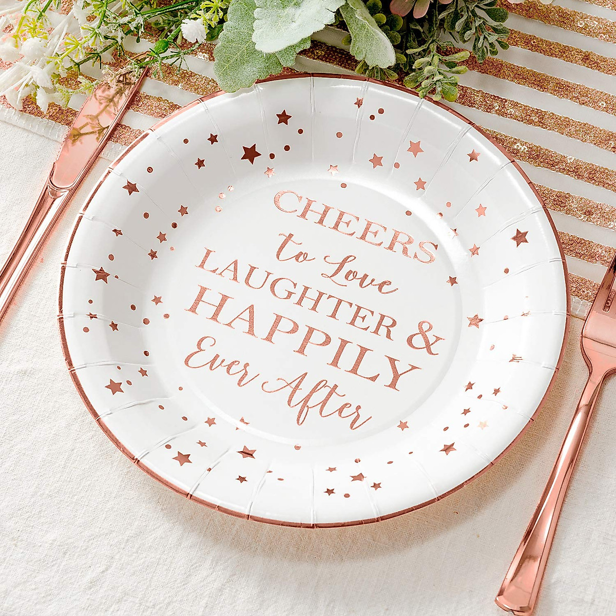 Crisky Cheers to Love Rose Gold Disposable Plates for Bridal Shower, Wedding, Engagement, Bachelorett Party Decorations, Dessert, Buffet, Cake Plates Party Supples, 50 Count, 9" Plate