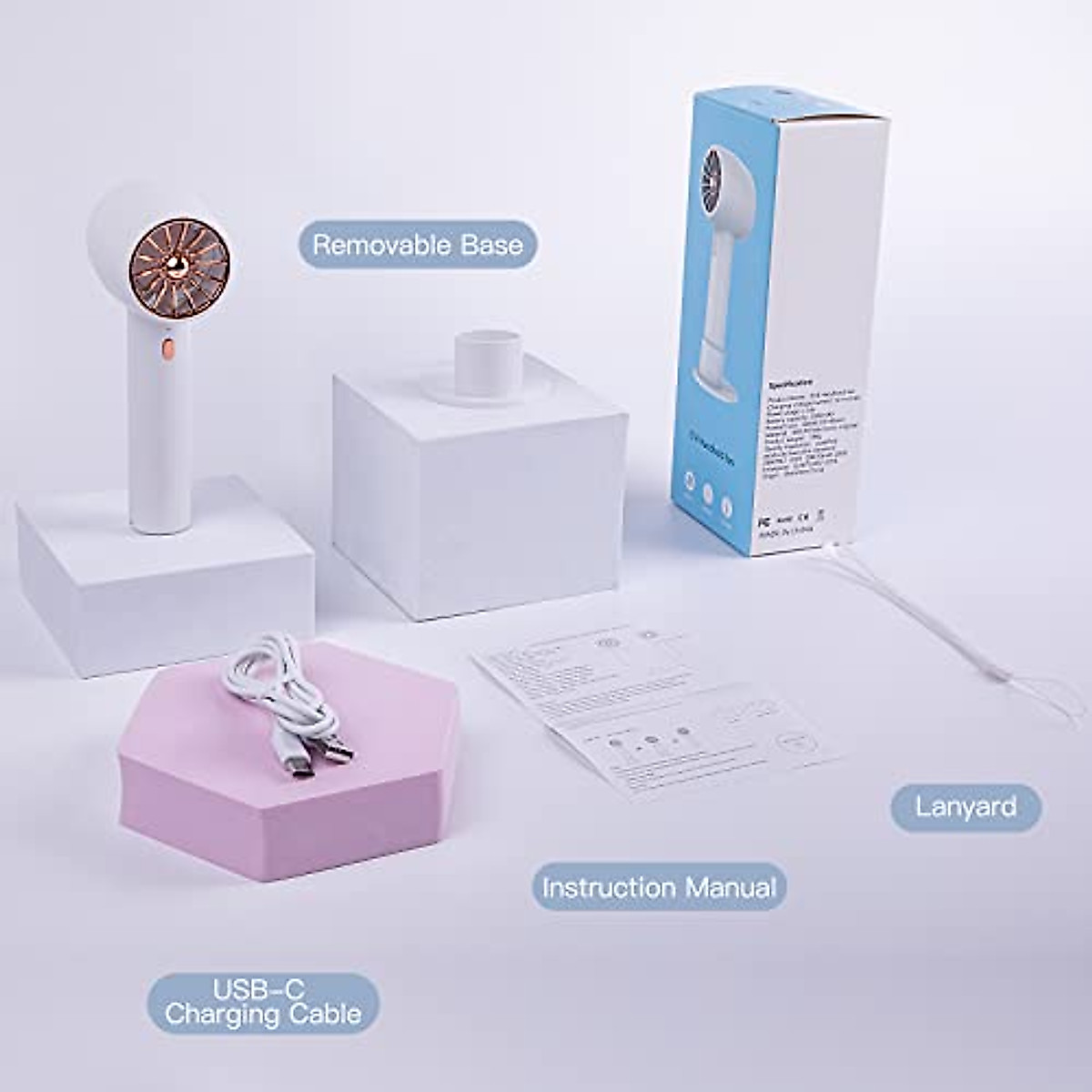 MATEPROX Mini Handheld Fan, 2000mAh Rechargeable Battery Operated Fan with 3 Speed Adjustable Removable Base, Small Portable Fan for Travel Women Kids Girls - White