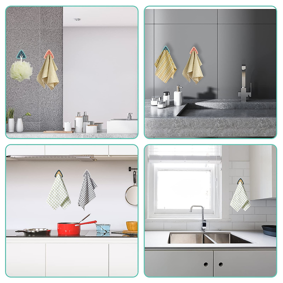 4Pcs Towel Hook Holder Grabber, Pletpet Drill Free Self Adhesive Push Hooks Firmly, Colorful Dish Towel Holders for Kitchen Bathroom Towel Organization