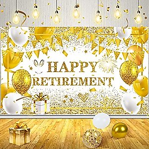 Gold and White Retirement Party Decorations for Men Women Extra Large White Gold Happy Retirement Banner Photo Booth Backdrop Background for Retirement Farewell Party Supplies