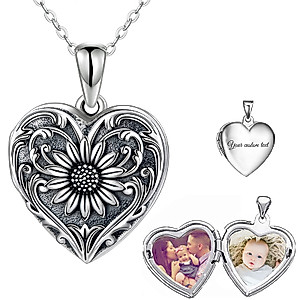 SOULMEET Personalized Sunflower Heart Locket Sterling Silver Necklace That Holds 2 Pictures Memory Photo Lockets Custom Any Photo (Custom photo & text)