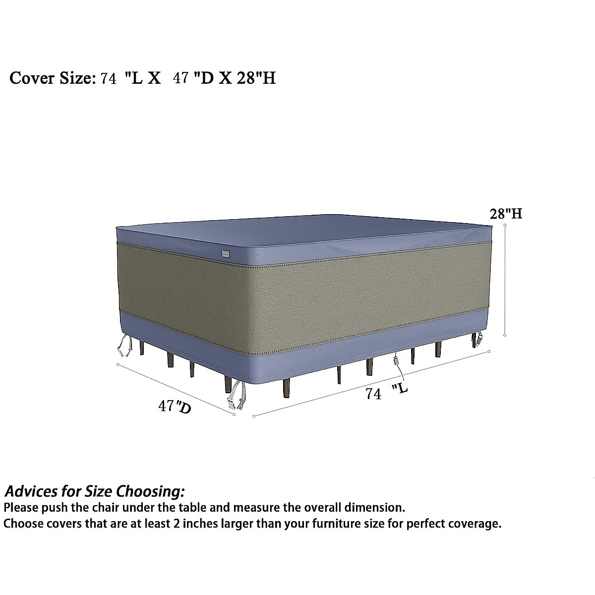 Garden Balsam Waterproof Rectangular Patio Table and Chair Cover Blue Grey 74" L X 47" D X 28" H Outdoor General Purpose Furniture Covers Patio Furniture Set Cover