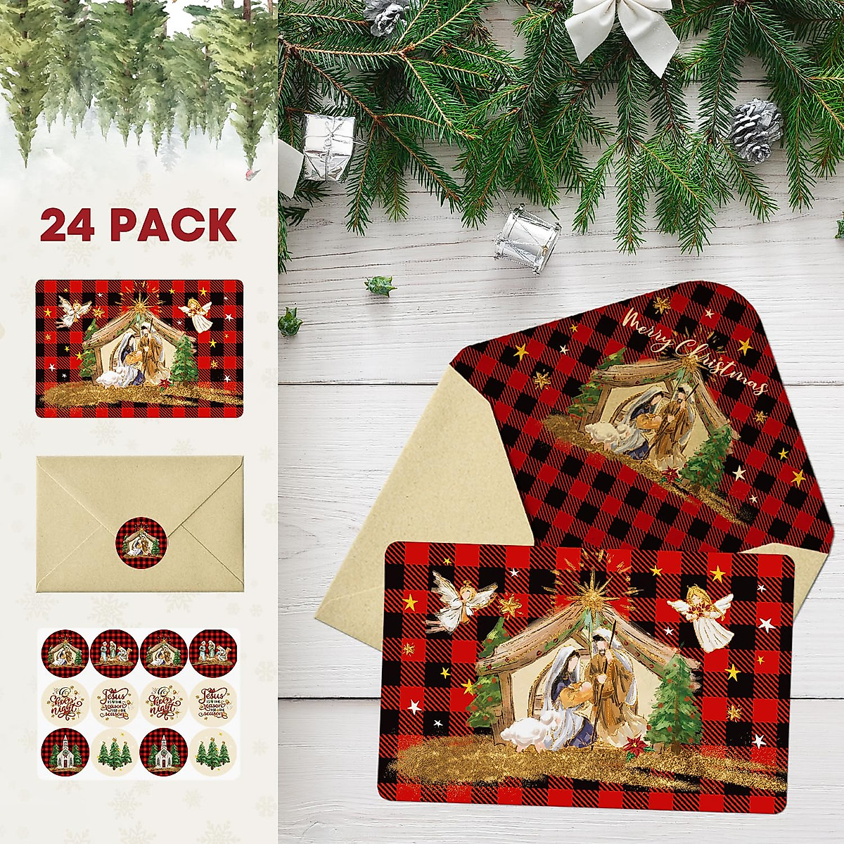 Artoid Mode 24 Pack Angels Cabin Christmas Thank You Cards Xmas Tree Greeting Cards Gift With Envelope Sticker Blank Note Cards for Birthday Wedding Baby Shower Bridal Shower, 4 x 6 Inch