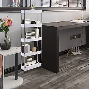 Mupera 5-Tier Rolling Cart - Slim Utility Cart with Wheels and 8 Side Hooks, Movable Storage Organizer Shelves, Space-Saving Rolling Storage Cart for Narrow Places in Office, Bathroom, Kitchen, White