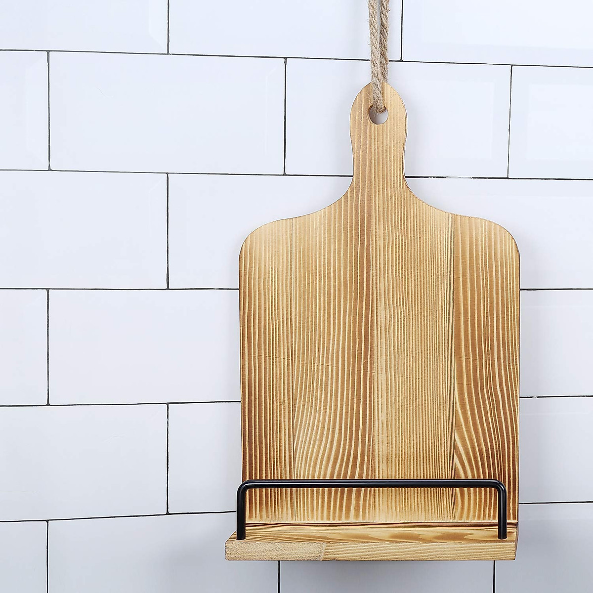 Soligt Cookbook Stand for Kitchen Counter Adjustable iPad Tablet Recipe Book Holder Rustic Wood Cutting Board Style - Brown