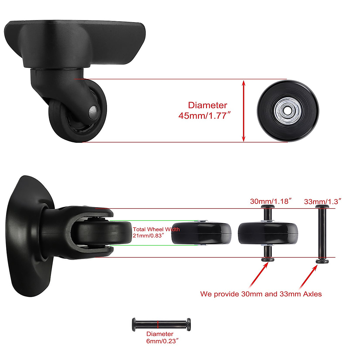 OwnMy 45mm x 18mm Luggage Wheels Replacements Set of 4 Mute Suitcase Replacement Wheels with Black Screws Axles Bearings, Rotatable Rubber Luggage Replacement Wheels Silent Suitcase Swivel Wheels Kit