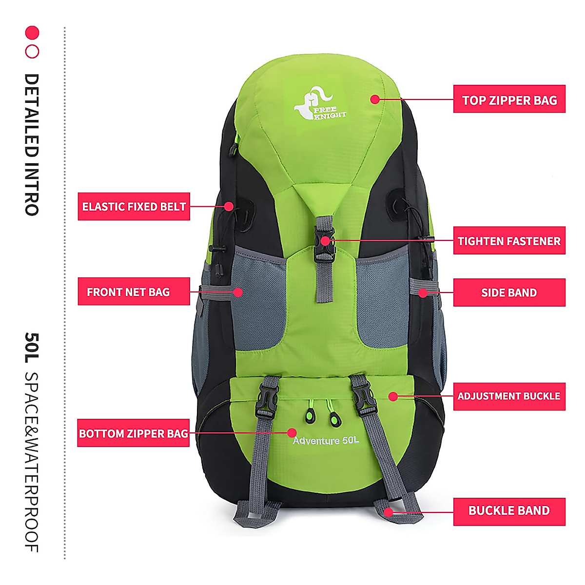 Bseash 50L Hiking Backpack, Water Resistant Lightweight Outdoor Sport Daypack Travel Bag for Camping Climbing Touring (Green - No Shoe Compartment)