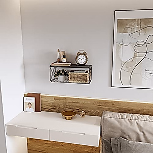 Hoiicco Floating Shelf Wall Mounted, Bathroom Shelf for Over The Toilet with Paper Storage Basket, Wood Wall Shelf for Wall Decor, Bedroom, Living Room, Kitchen, Washroom