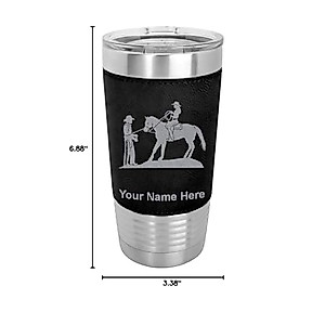 LaserGram 20oz Vacuum Insulated Tumbler Mug, Cowgirl Roping a Man, Personalized Engraving Included (Faux Leather, Black)