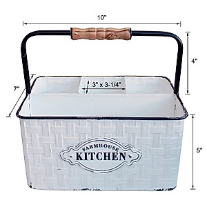 CVHOMEDECO. Rustic Distressed Metal Silverware Organizer Utensil Caddy, Flatware holder, Tabletop Organizer, Enamel Finish with Wood handle and 4 Compartments, White