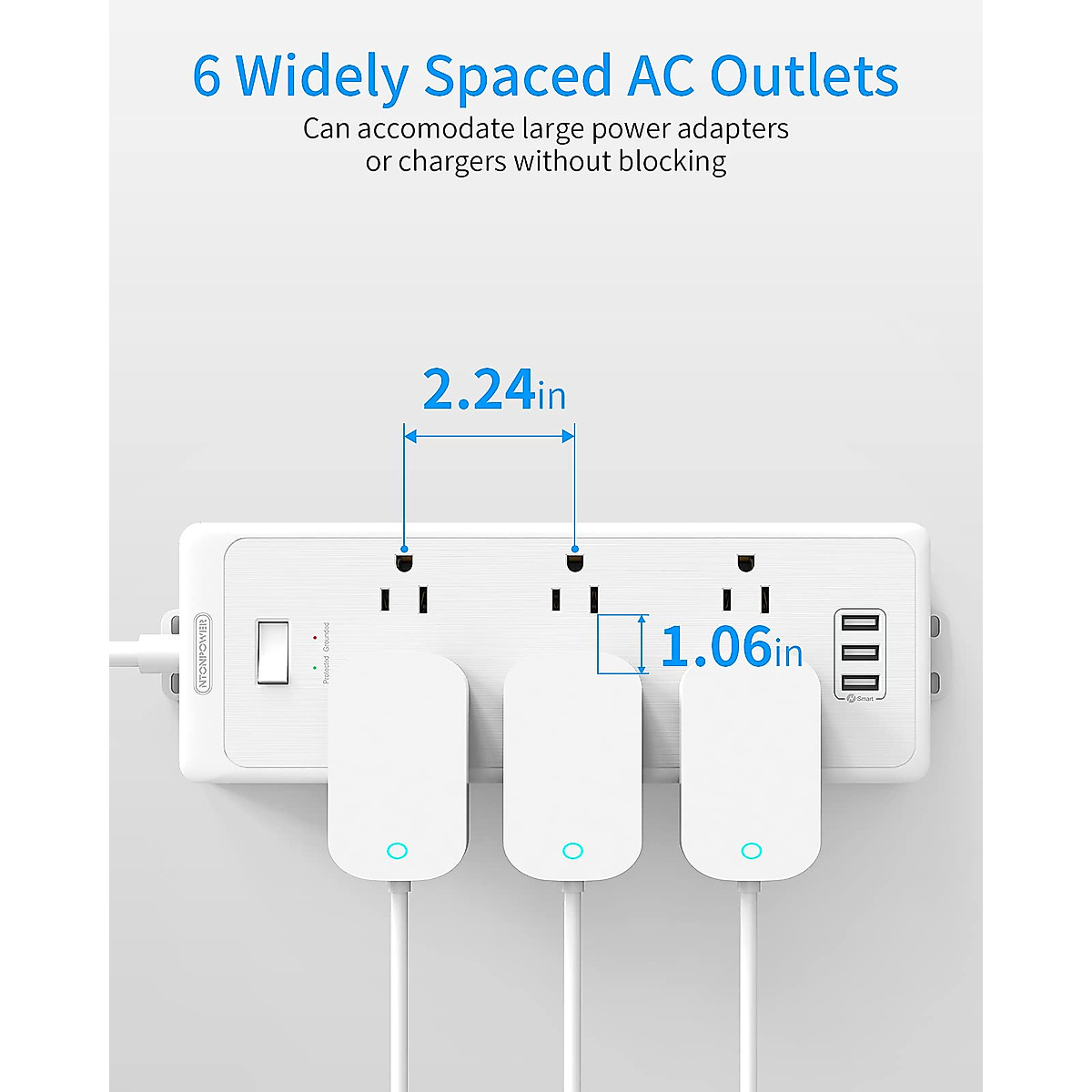 15 FT Extension Cord Surge Protector Power Strip 6 Super Wide Spaced Outlets, NTONPOWER Flat Plug Surge Protector Wall Mount with 3 USB, 1875W, 15A, 1700 Joules, Overload Protection for Home Office