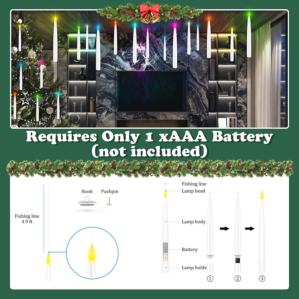 Color Changing Floating Candles with Magic Wand Remote, Christmas Decorations Magical Hanging Candles, 12Pcs Flameless Taper Candle with Multi-Color Battery Operated Window Candles for Christmas Decor