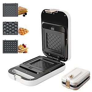 White 3 in 1 timing Sandwich Maker with Non-Stick Plates Indicator Lights and Lock Feature 600W Electric Panini Press, Pizza Pockets, Quesadillas, Waffle Breakfast Grilled Cheese Egg Bacon