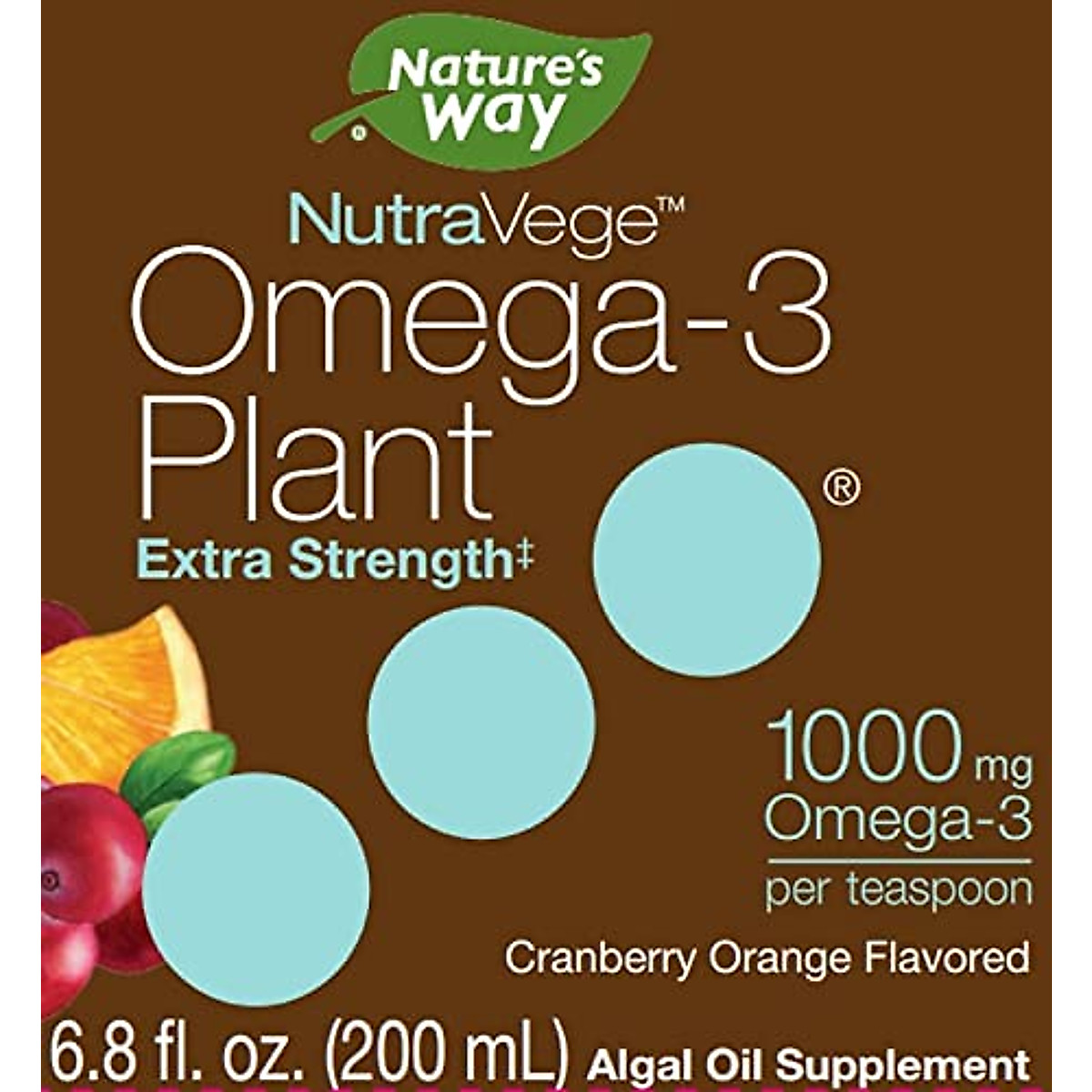 Nature's Way NutraVege Extra-Strength Omega-3 Plant Based Liquid Supplement- Vegan- Cranberry Orange Flavored, 6.8 oz