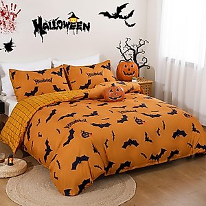 Xruibed Halloween Duvet Cover Set King Pumpkin Bat Orange Bedding Duvet Cover Set 3 Pieces Halloween Duvet Cover with 2 Pillowcases Funny Halloween Comforter Cover Set for Kids Teens 104"x90"
