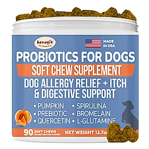 Probiotics for Dogs, Allergy Relief Soft Chew Treats, Fiber Supplement & Enzyme Prebiotic for Digestion Support, Itchy Skin, Reduce Diarrhea - Pumpkin for Dogs, Made in USA (90 ct)