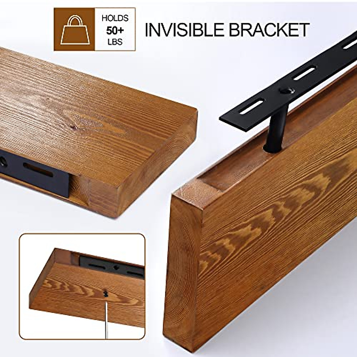 Marsmiles Floating Shelves Solid Wood Set of 2, Rustic Wood Wall Shelves, Wooden Wall Mounted Farmhouse Shelves for Bathroom Kitchen Living Room Bedroom - Light Walnut