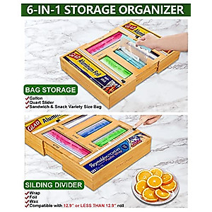 HikeSkyer Ziplock Bag Organizer, Plastic Wrap Dispenser with Cutter, 6-In-1 Expandable Kitchen Drawer Organizer, Compatible with Gallon, Quart, Sandwich, Snack Bag, Foil and Wax Paper