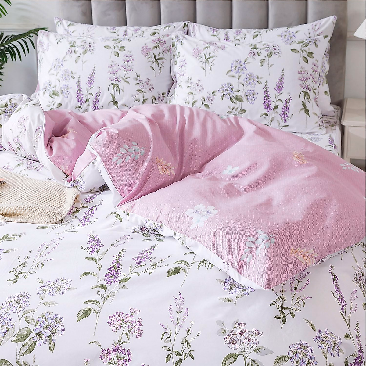 FADFAY Purple White Floral Duvet Cover Sets Queen 100% Cotton Lilac Lavender Reversible Comforter Cover French Country Bedding All Season Soft Crisp Green Leaves Bed Cover with Zipper 3 Pieces