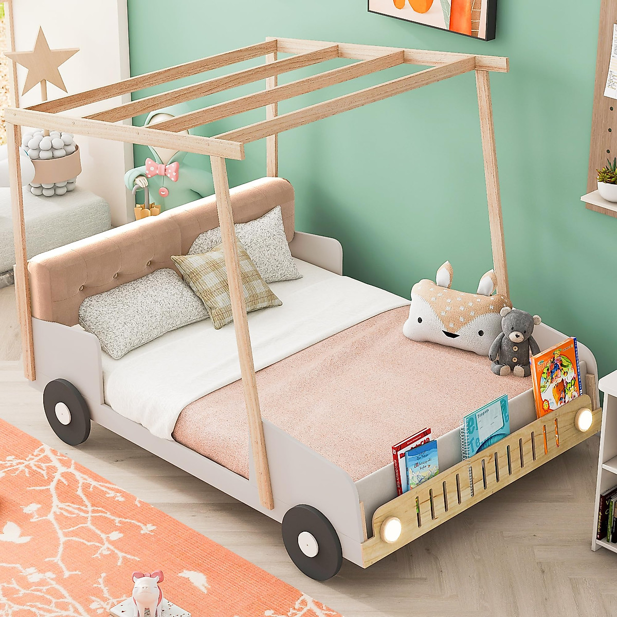 Merax Car Shaped Platform Bed for Kids Full Size, Solid Wood Bed Frame with Back Cushion & Ceiling Cloth, for Boys Girls Teens, Natural