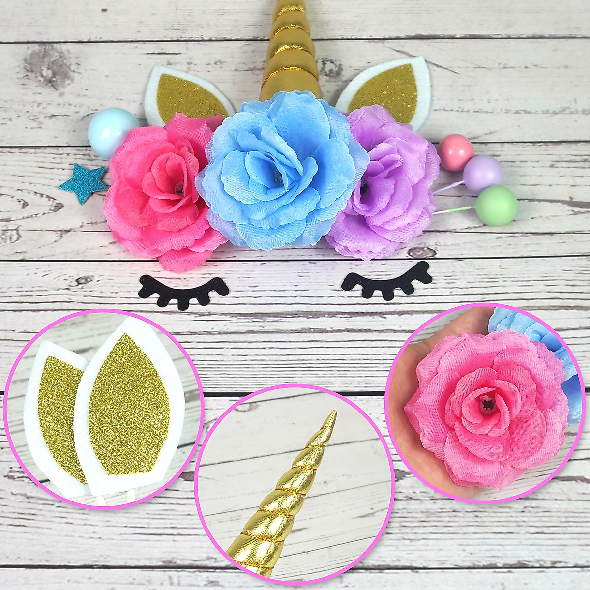 38 PCS Unicorn Cake Topper, Unicorn Flower Cake Decorations with Flowers Balls Stars Unicorn Happy Birthday Cake Decorations for Boys Girls Kids Birthday Party Baby Shower Supplies (Flower)