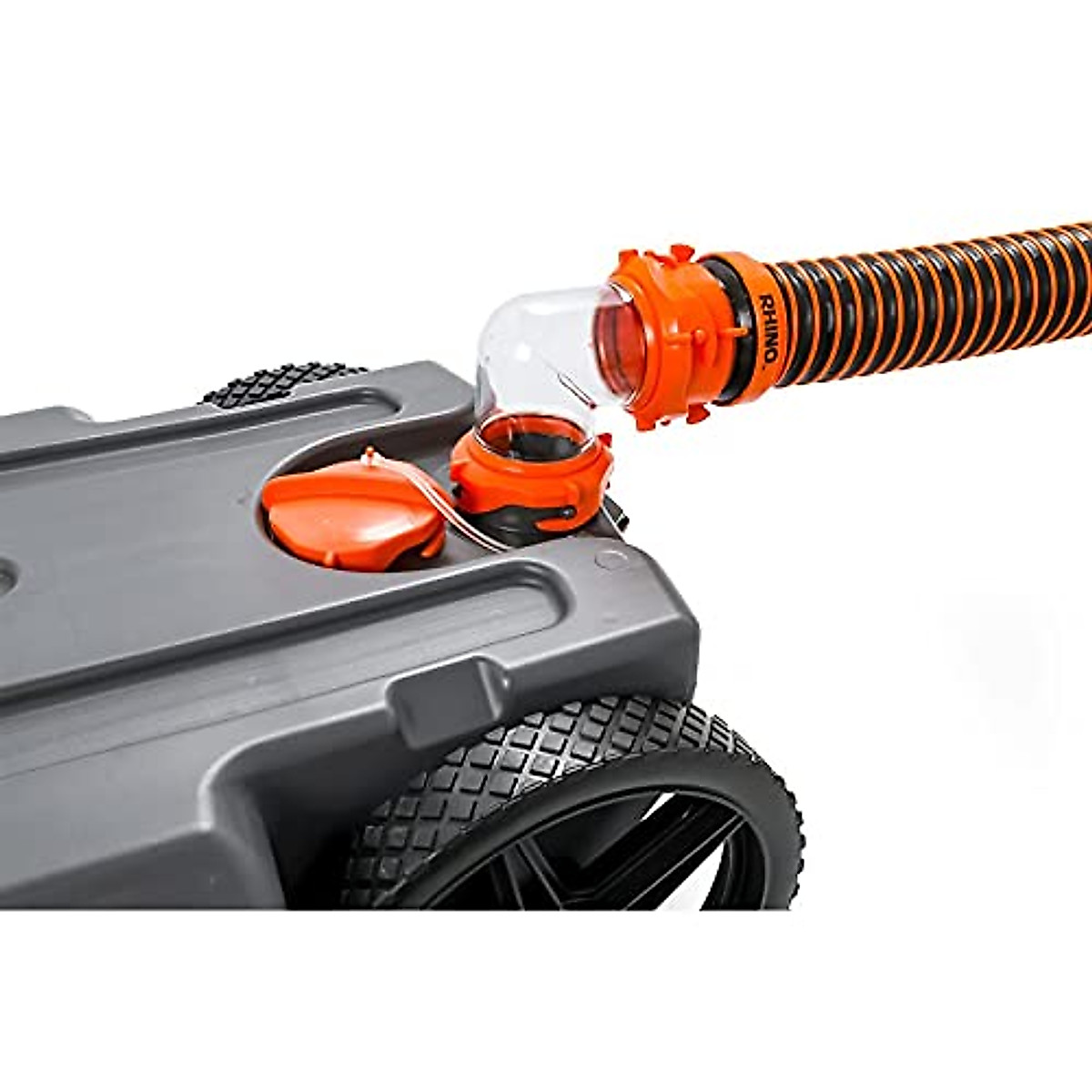 Camco Rhino 28-Gallon Portable Camper / RV Tote Tank - Features Large Heavy-Duty No-Flat Wheels & Built-In Gate Valve - Removable Steel Tow Adapter, 3’ RV Sewer Hose & More RV Accessories (39004)