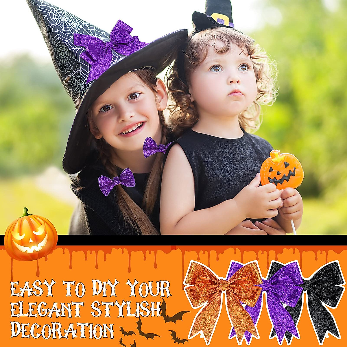 Juinte 3 Roll 30 Yards Christmas Glitter Wired Ribbon Christmas Party Favors Decor Gift Wrapping Ribbon for Craft Headband Bow Decor(1.5 Inch,Black, Orange, Purple)