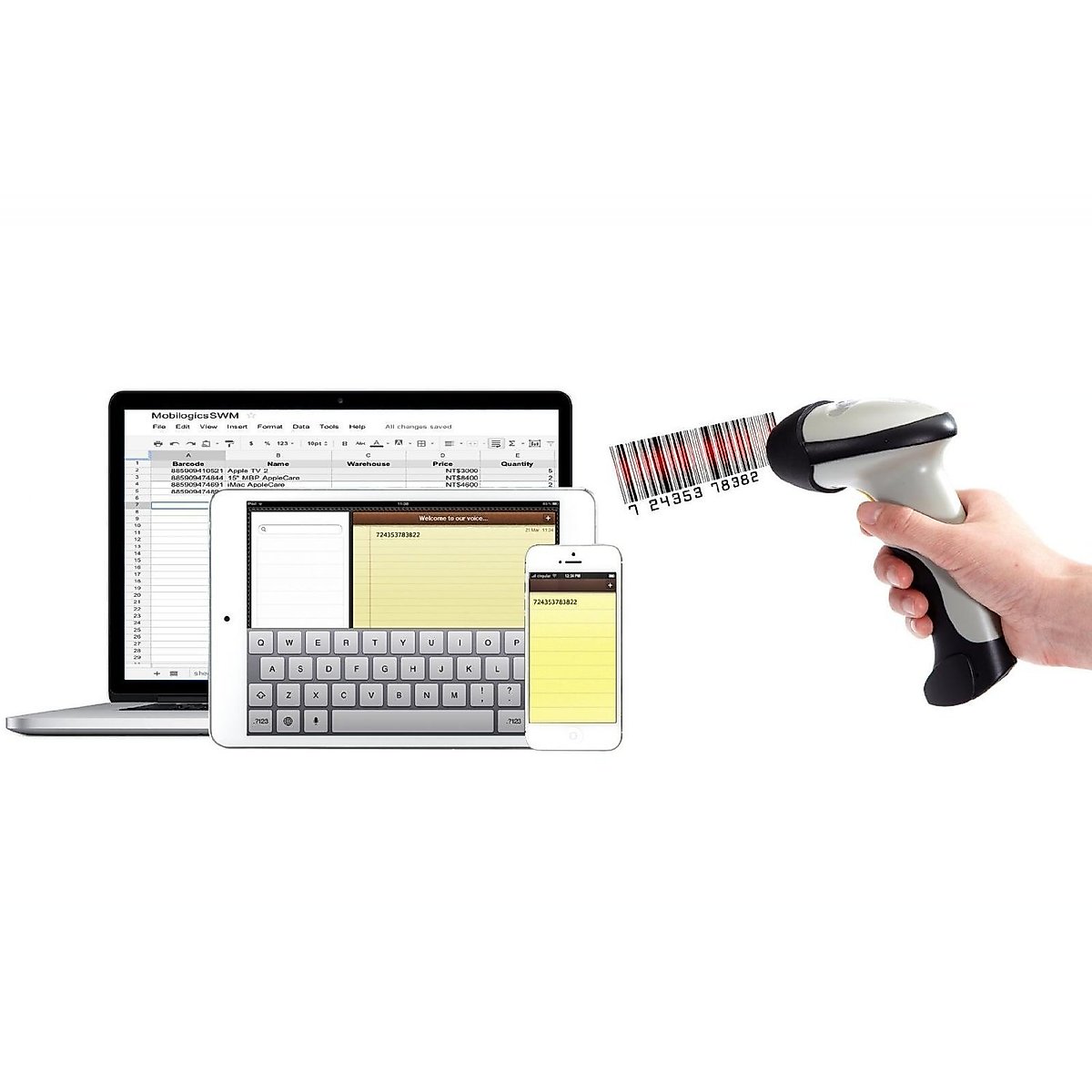 TEEMI Bluetooth Barcode Scanner 1D Handheld Automatic Laser Fast Accurate Bar Code Reader Auto Sensing Scanning, Easy Connect iPad iPad Android Smart Phone Tablet PC, No Stand