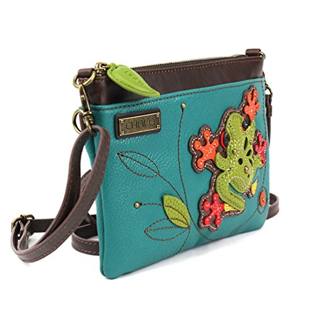 CHALA Mini Crossbody Handbag, Multi Zipper, Pu Leather, Small Shoulder Purse Adjustable Strap - Frog - Turquoise