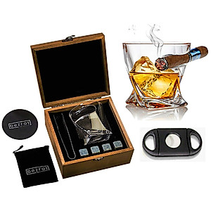 Whiskey Cigar Glasses with Side Mounted Cigar Holder, 10 oz + Whisky Chilling Stones and Accessories in Wooden Box - Scotch Bourbon Set for Dad, Husband, Fathers Day, Birthday Bezrat