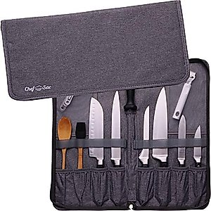 Chef Knife Bag Travel Folder Extended Knife Case | 8 Pockets for Knives, Kitchen Tools & Camp Accessories | Special Slot for Honing Rod | Durable Knife Holder for Chefs & Culinary Students (Dark Grey)