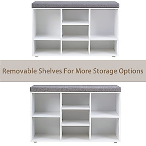 DINZI LVJ Shoe Storage Bench with Cushion, Cubby Shoe Rack with 9 Cubbies, Adjustable Shelves, Multifunctional Shoe Organizer Bench for Entryway, Mudroom, Hallway, Closet and Garage, White