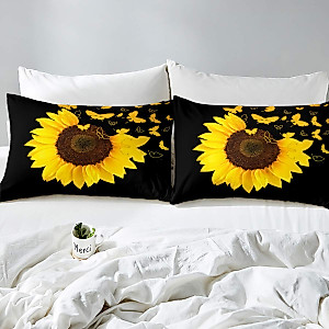 Erosebridal Sunflower Butterfly Duvet Cover King Size Girl Blooming Wild Flower Bedding Set Spring Plants Rustic Nature Kid Comforter Cover Yellow Floral Quilt Cover, Black Girly Room Decor