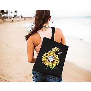 GXVUIS Canvas Tote Bag for Women Aesthetic Sunflower Gnome Reusable Grocery Shoulder Shopping Bags Girls Gifts Black