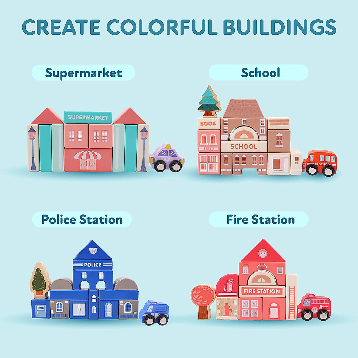 Jaytrue 115pc Montessori Wooden Building Block Set for Kids & Toddlers - Fun & Educational