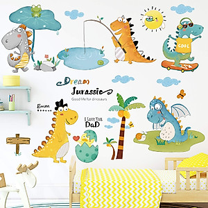 Cartoon Dinosaur Wall Stickers Decals Colorful Fishing Dino Wall Decoration for Boys Room Nursery Classroom Playroom