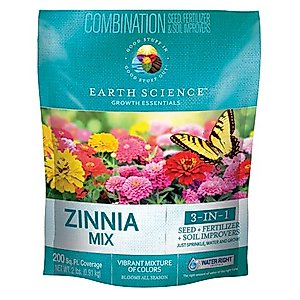 Zinnia Mix from Earth Science (2 lb), 3-in-1 Mix with Premium Wildflower Seed, Plant Food and Soil Conditioners, Non-GMO