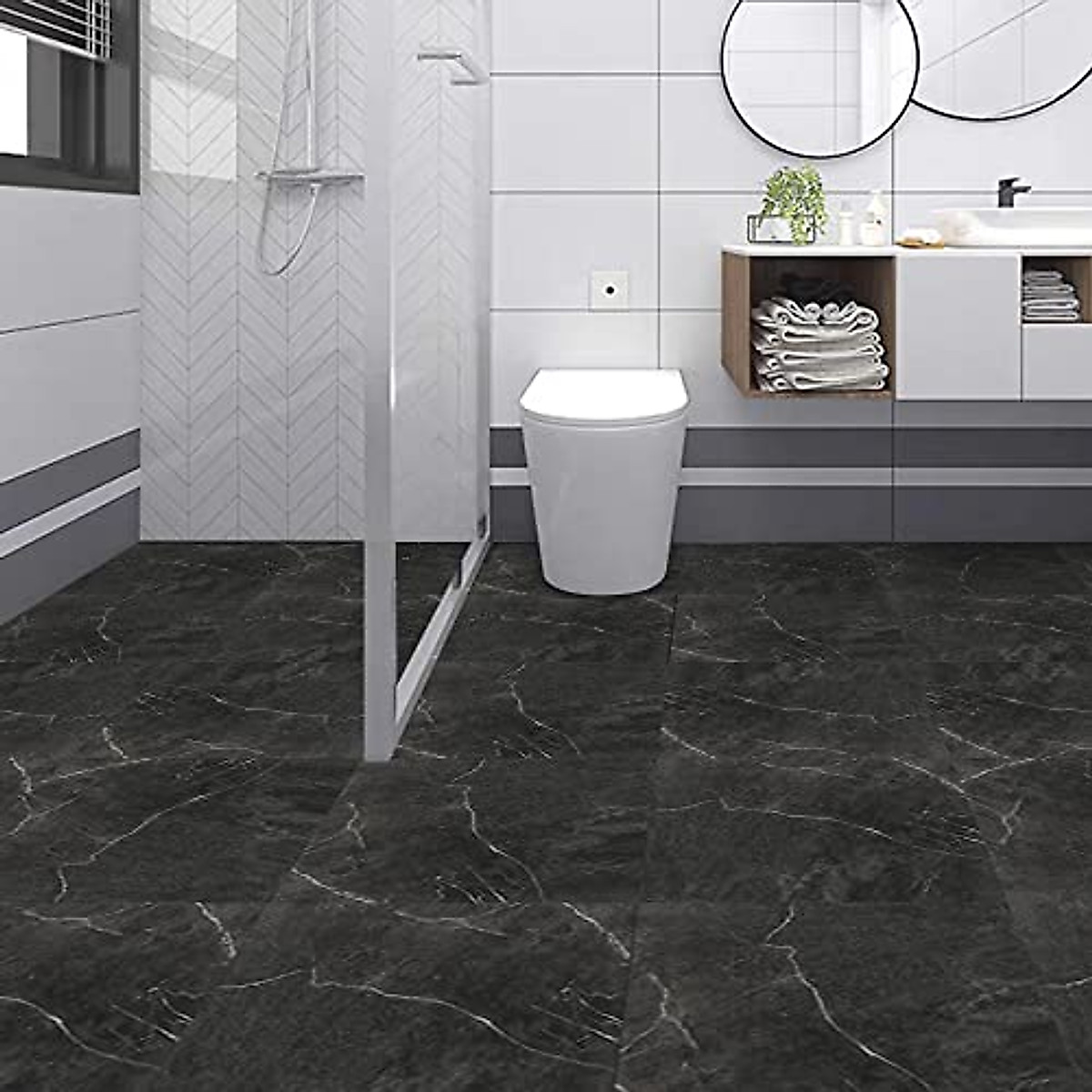 Peel and Stick Floor Tile, Black Grey Marble Vinyl Flooring, Durable and Waterproof for Update Bathroom Kitchen Basement, 11.8x11.8In, 10 PCS