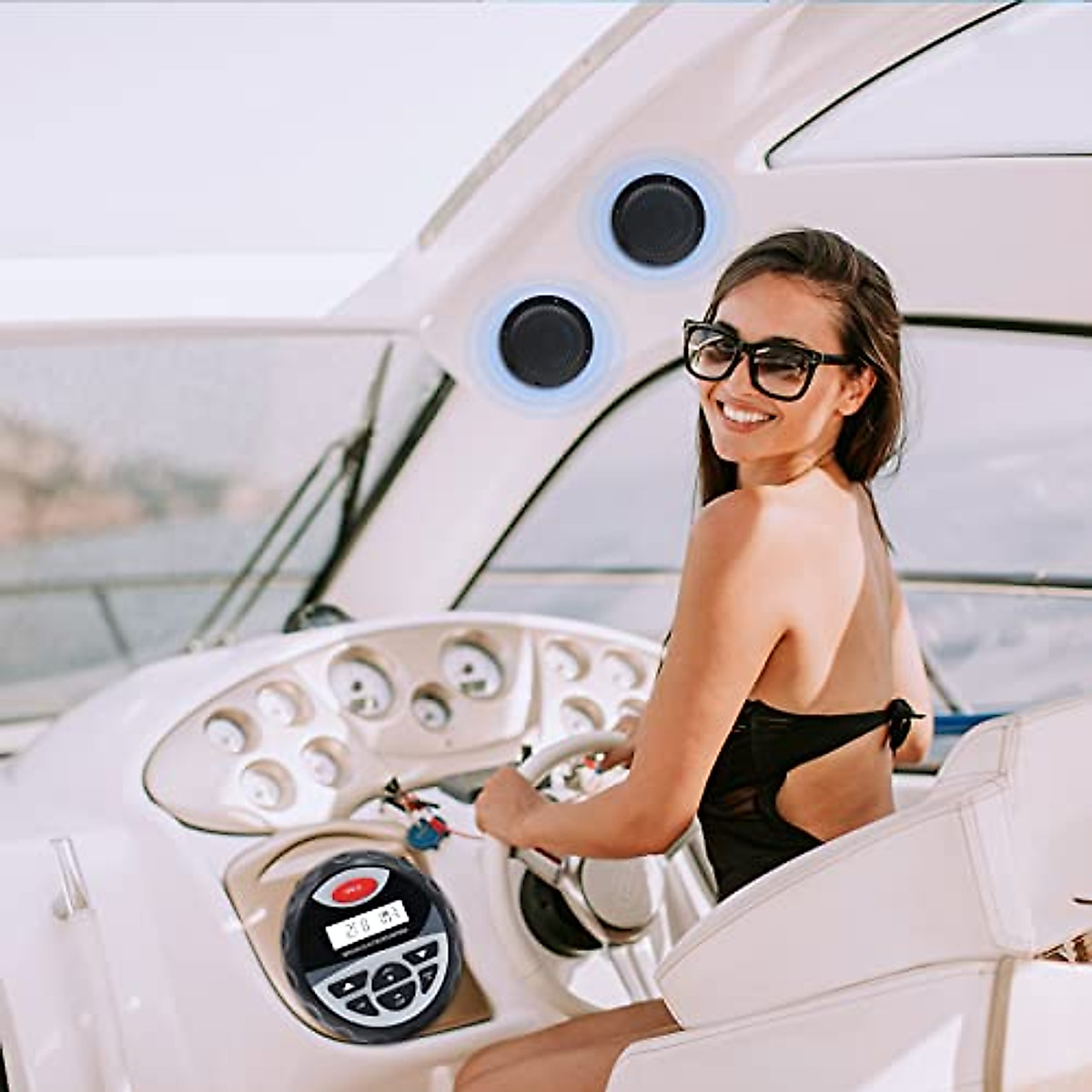 Herdio Marine Radio Package Compatible with Bluetooth, MP3/USB AM/FM Marine Stereo+4 Inches Marine Ceiling Flush Wall Mount Speakers (A Pair)