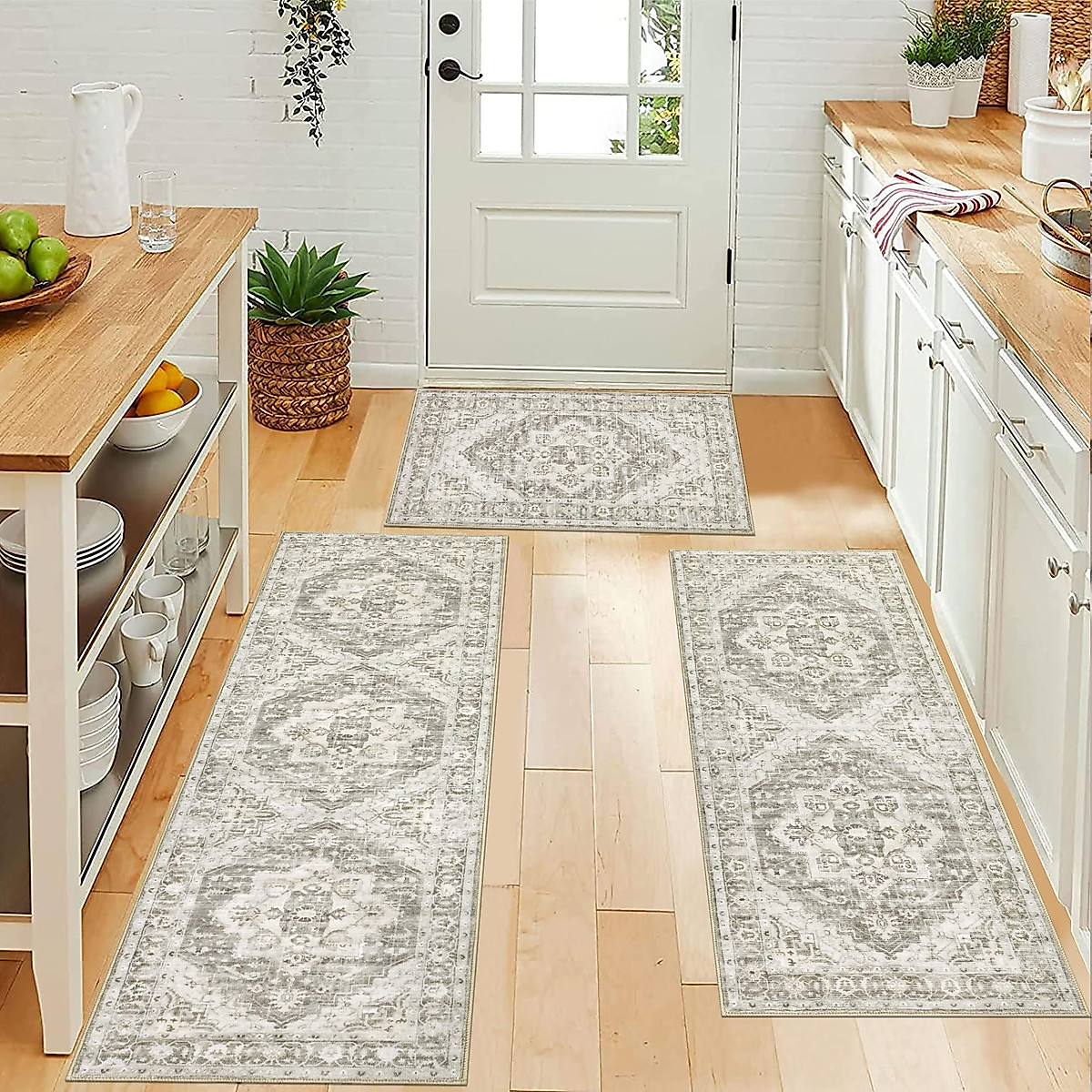 Pauwer Farmhouse Kitchen Rugs Sets of 3, Kitchen Runner Rugs Non Slip Washable, Boho Kitchen Mats for Floor, Indoor Door Mat Entrance, Laundry Room Rug, Thick Kitchen Floor Mat Carpet