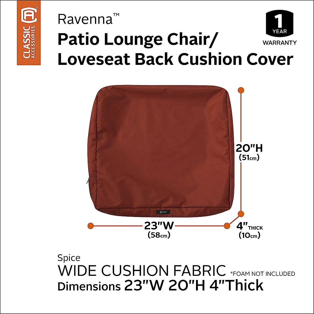 Classic Accessories Ravenna Water-Resistant 23 x 20 x 4 Inch Outdoor Back Cushion Slip Cover, Patio Furniture Cushion Cover, Spice, Patio Furniture Cushion Covers