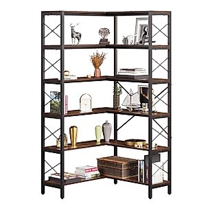 Jartoil Corner Bookshelf 6-Tier, Tall Book Shelf L-Shaped, Large Etagere Bookcase Industrial Style with Metal Frame for Home Office Shelves