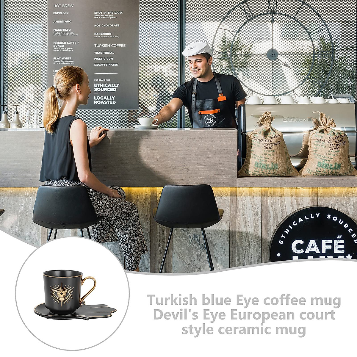 Tofficu Evil Eye Coffee Mug: Vintage Ceramic Teacup Turkish Arabic Greek Tea Server Sets Lucky Evil Eye Coffee Cup with Saucer for Cappuccino Mocha Tea Cereal Latte Mulled Wine